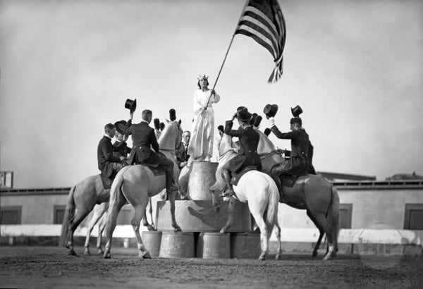 Horseback Sideshow Performers Surrounding Lady Liberty and US Flag cir ...
